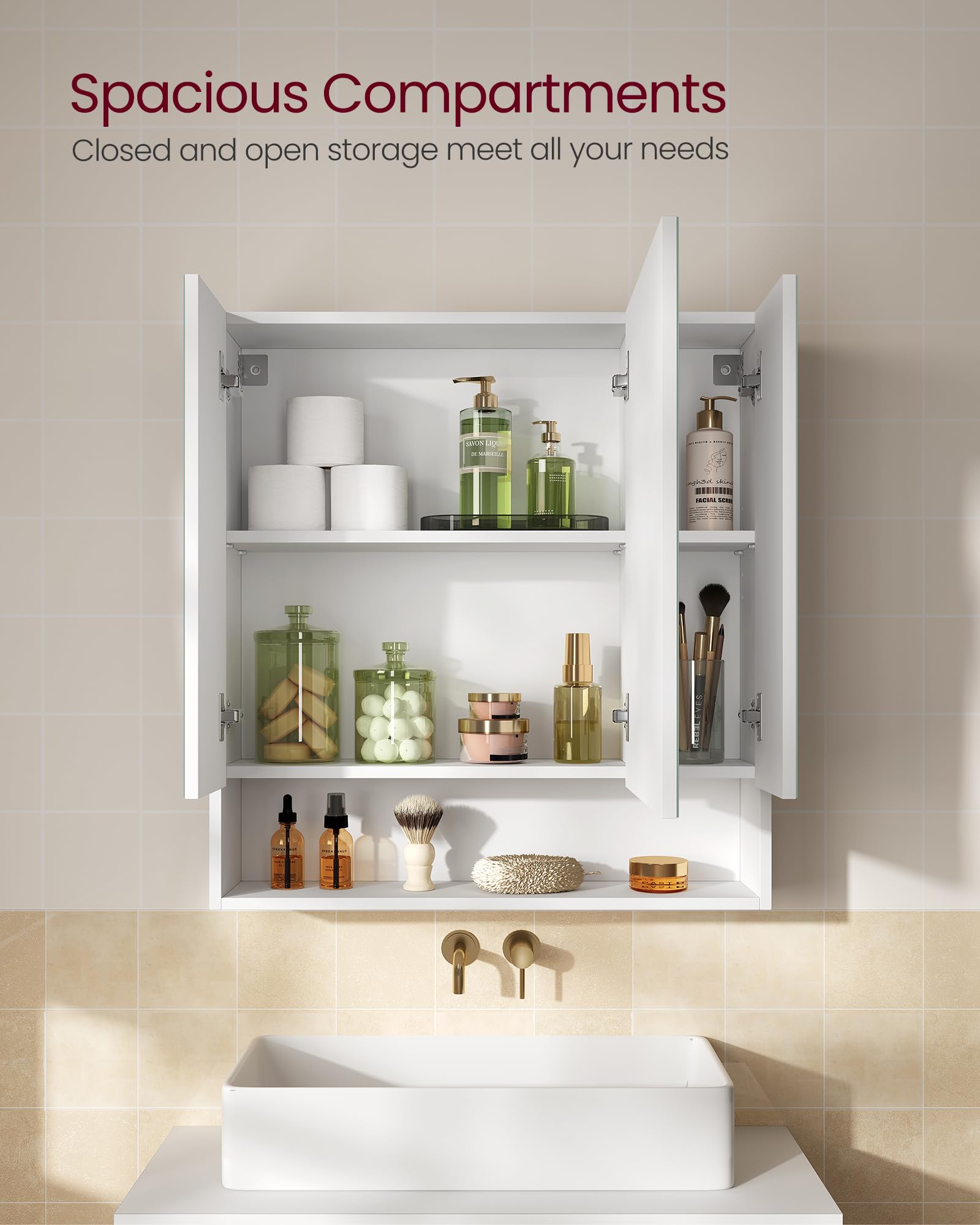 VASAGLE Medicine Cabinet Mirror, Bathroom Mirror with Storage, Bathroom Mirror Cabinet, Wall Mirror Cabinet, Open Compartment, Adjustable Shelves, 6.5 x 27.6 x 29.5 inches, Cloud White UBBK129W01
