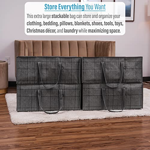 VENO 4 Pack Heavy Duty Extra Large Storage Bag, Moving Bag, Clothes Organizer, for Blanket, Comforter, Bedroom Closet, Dorm Room Essentials, Moving Supplies, Storage Tote, Reusable and Sustainable (BLK Windowpane - Set of 4)…