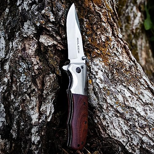 Rolsch - Wood handled Pocket Knife - Spring Assisted Folding Knife β Stainless Steel Blade and Rosewood Handle with Pocket Clip - Great Folding Knife for Hunting, Camping, Survival, Tactical, EDC