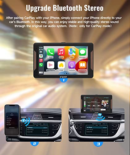 Spedal 7 Inch Wireless Apple CarPlay and Android Auto, Portable Car Stereo with Mirror Link, Multimedia Player, Bluetooth, AUX/FM, Google and Siri Assistant, Dash or Windshield Mounted