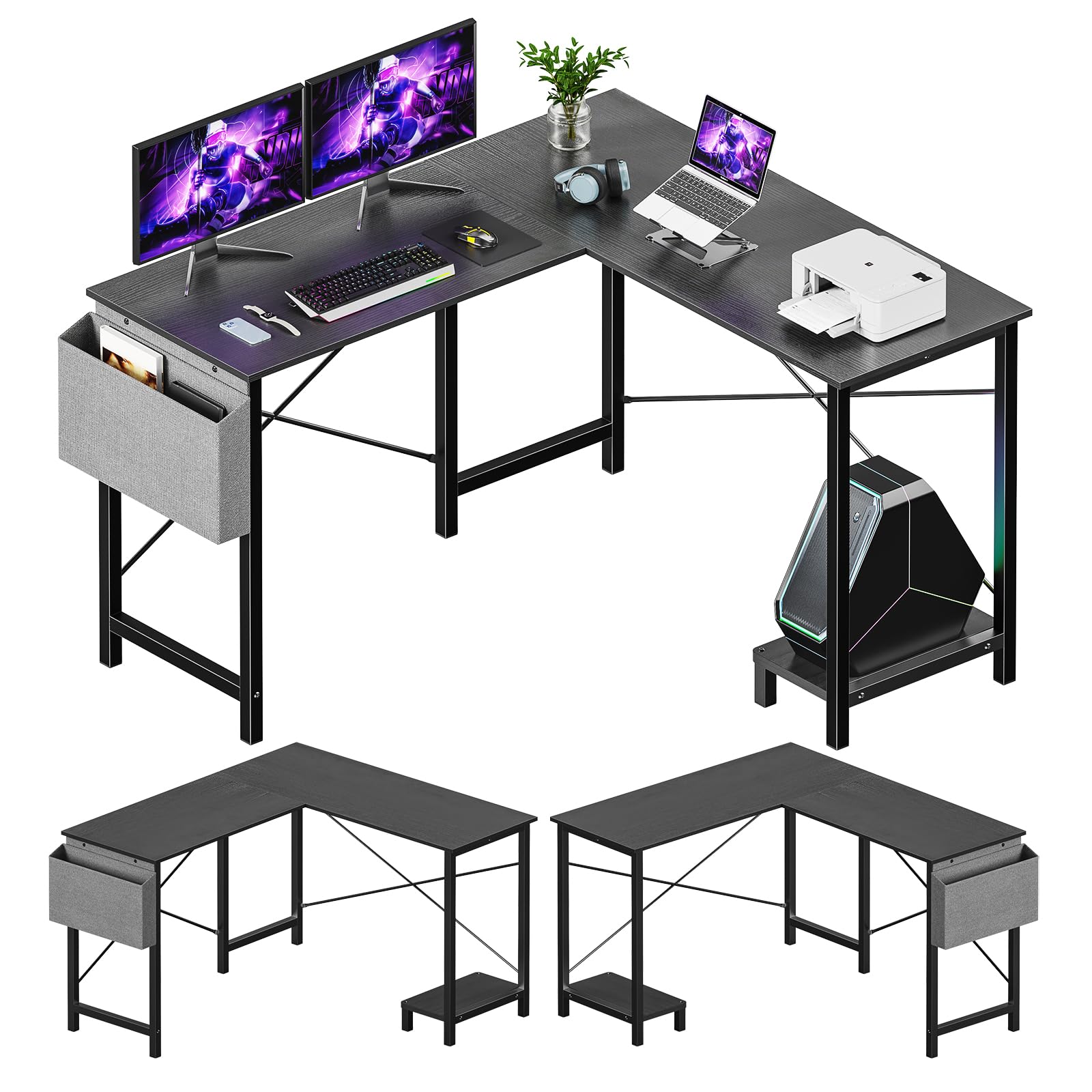 Sweetcrispy L Shaped Desk Gaming Computer 50 Inch Reversible Corner Table PC Work Table for Writing Study Student with Wood Tabletop Metal Frame CPU Stand Side Bag for Home Office Small Place, Black