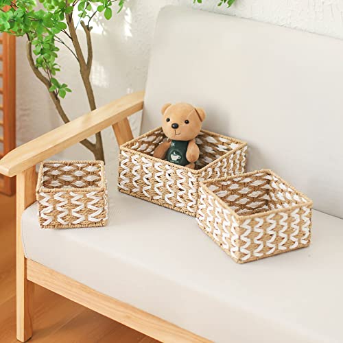 Storage Baskets Set 3 -Stackable Woven Basket Paper Rope Organizing Baskets Set Handmade Decorative Home Storage Bin for Makeup/Closet/Bathroom/Bedroom (off white)
