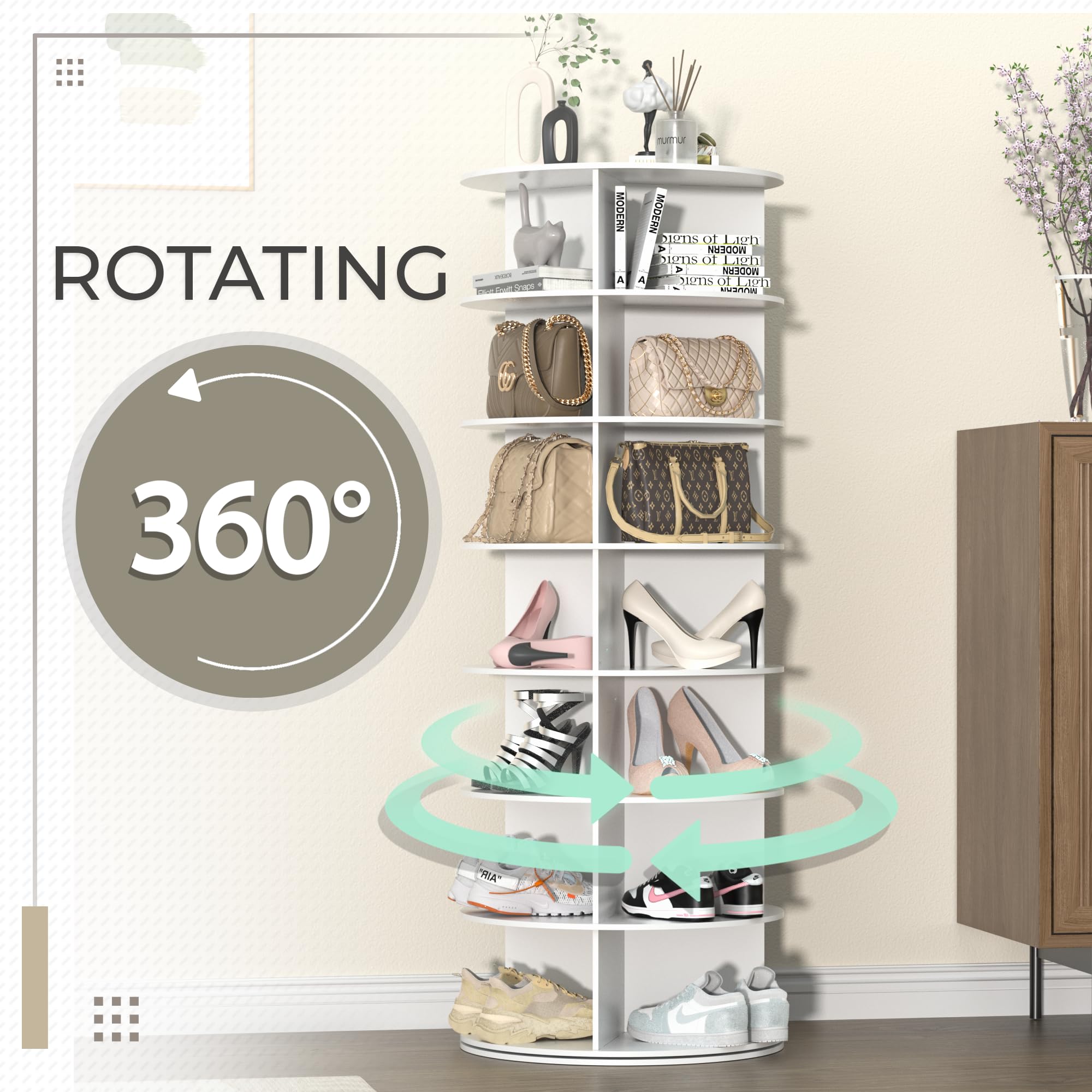 Rotating Shoe Rack Tower 7 Tier, New Upgrade Circular Shoe Rack Rotating 360 Rotating Shoe Rack Display, Easily Install Vertical Handbag White Rotating Shoe Rack Tower - 3 Big Compartments Per Floor