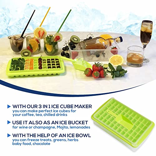 Large Ice Cube Mold, Ice Cube Tray for Freezer, Sphere Ice Container for Cocktails, 55 Mini Nugget Tray with Lid and Bin, Pebble Ice Bucket-Comes with Scoop, Cover, Ice Maker and Holder.