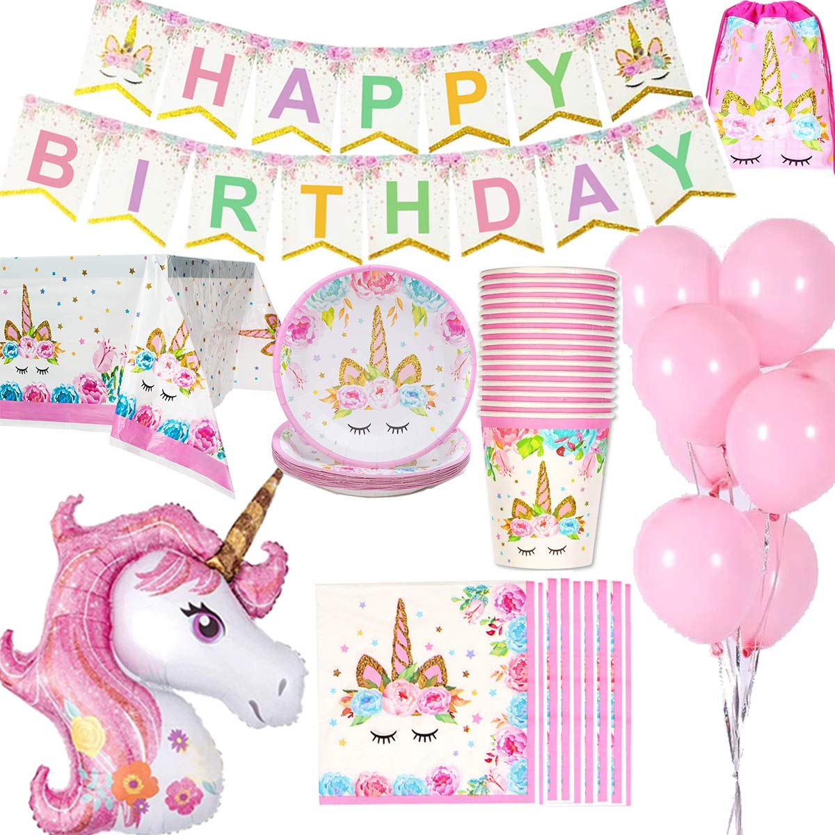 ZSNICE Unicorn Birthday Decorations Pack Supplies Tableware for 16 Guests, 1*Table Cloth/Cover, 16*Cups, 16*Plates, 16*Napkins, 1*Happy Birthday Banner, 1*Huge Size Unicorn, 10*Pink Balloons