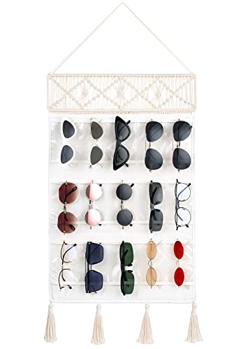Mkono Sunglasses Organizer Holder Macrame Hanging Glasses Storage Organizer Boho with 15 Pockets and Decorative Tassels Decor Woven Eyewear Display for Wall and Door