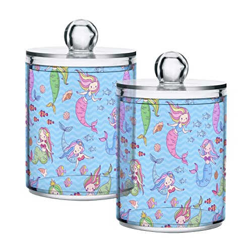 xigua 2 Pack Mermaid Qtip Holder Dispenser with Lids 14 oz Bathroom Storage Organizer Set,Clear Apothecary Jars Food Storage Containers for Tea,Coffee,Cotton Ball,Cotton Swab,Floss