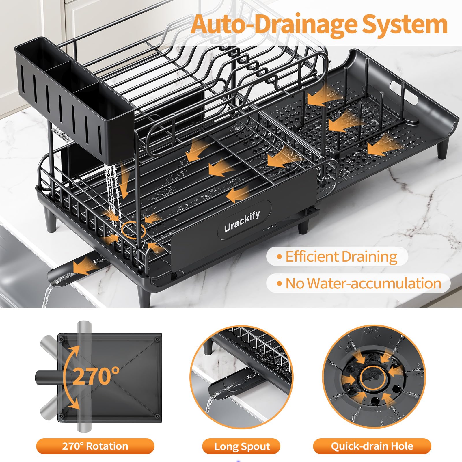 Urackify Dish Drying Rack, Expandable Dish Rack for Kitchen Counter, Large Collapsible Countertop Dish Drainer with Pan & Pot Holder, Stainless Steel Dish Strainer with Cup & Utensil Holder