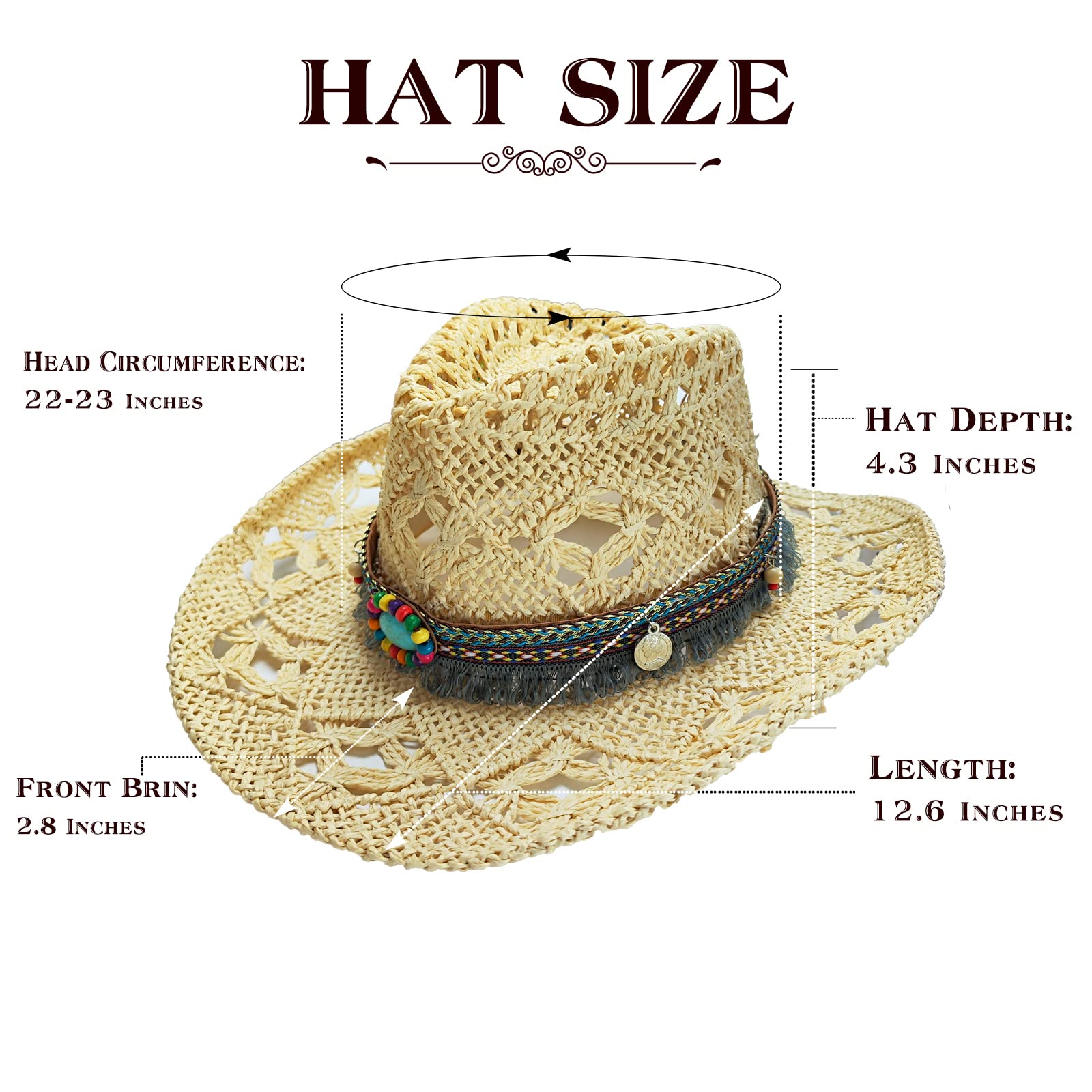 LLYONE Straw Cowboy Hat for Women Wide-Brimmed Western Cowboy Cowgirl Multi-Functional Sun Hat for Summer