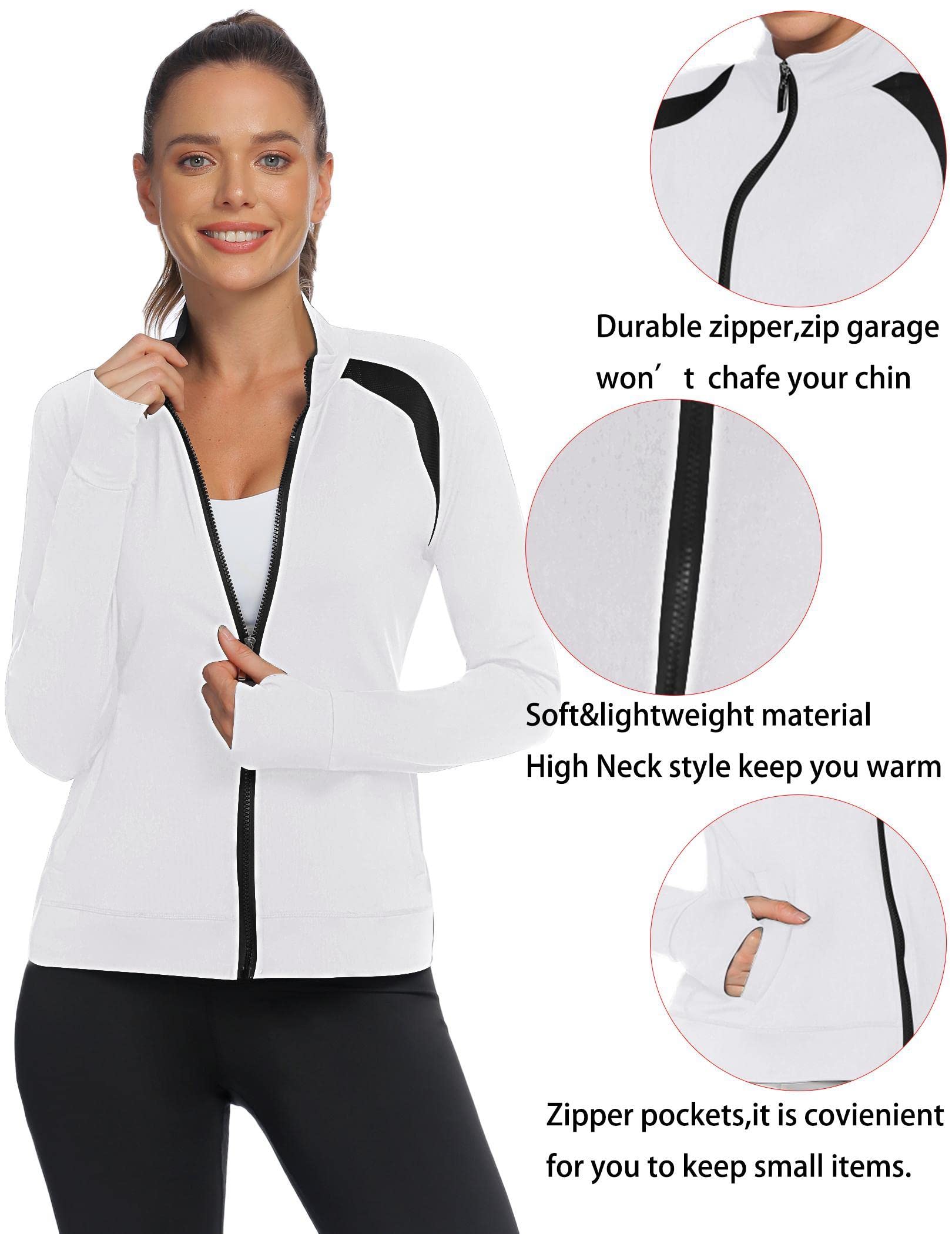 HOTLOOX Women's Yoga Jacket Athletic Workout Running Jacket Full Zip Up Sportswear Lightweight Tops White L