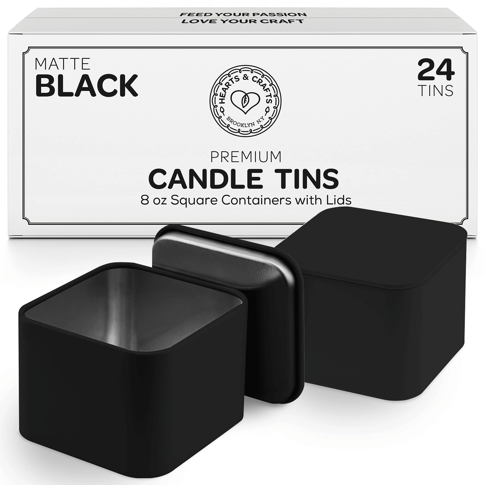 Hearts & Crafts Black Square Candle Tins 8 oz with Lids - 24-Pack of Bulk Candle Jars for Making Candles, Arts & Crafts, Storage, Gifts, and More - Empty Candle Jars with Lids