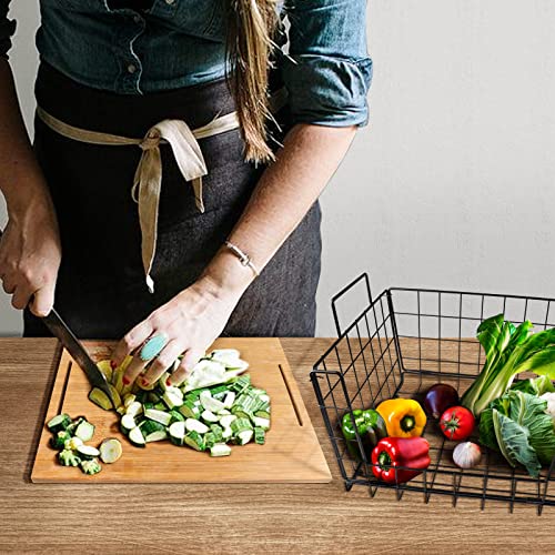 Stackable Wire Storage Baskets, TOBEFORT Fruit Basket for Kitchen Large Metal Bin for Cabinet Pantry Organization and Storage, Nesting Rectangular Basket with Wood Lid, Black