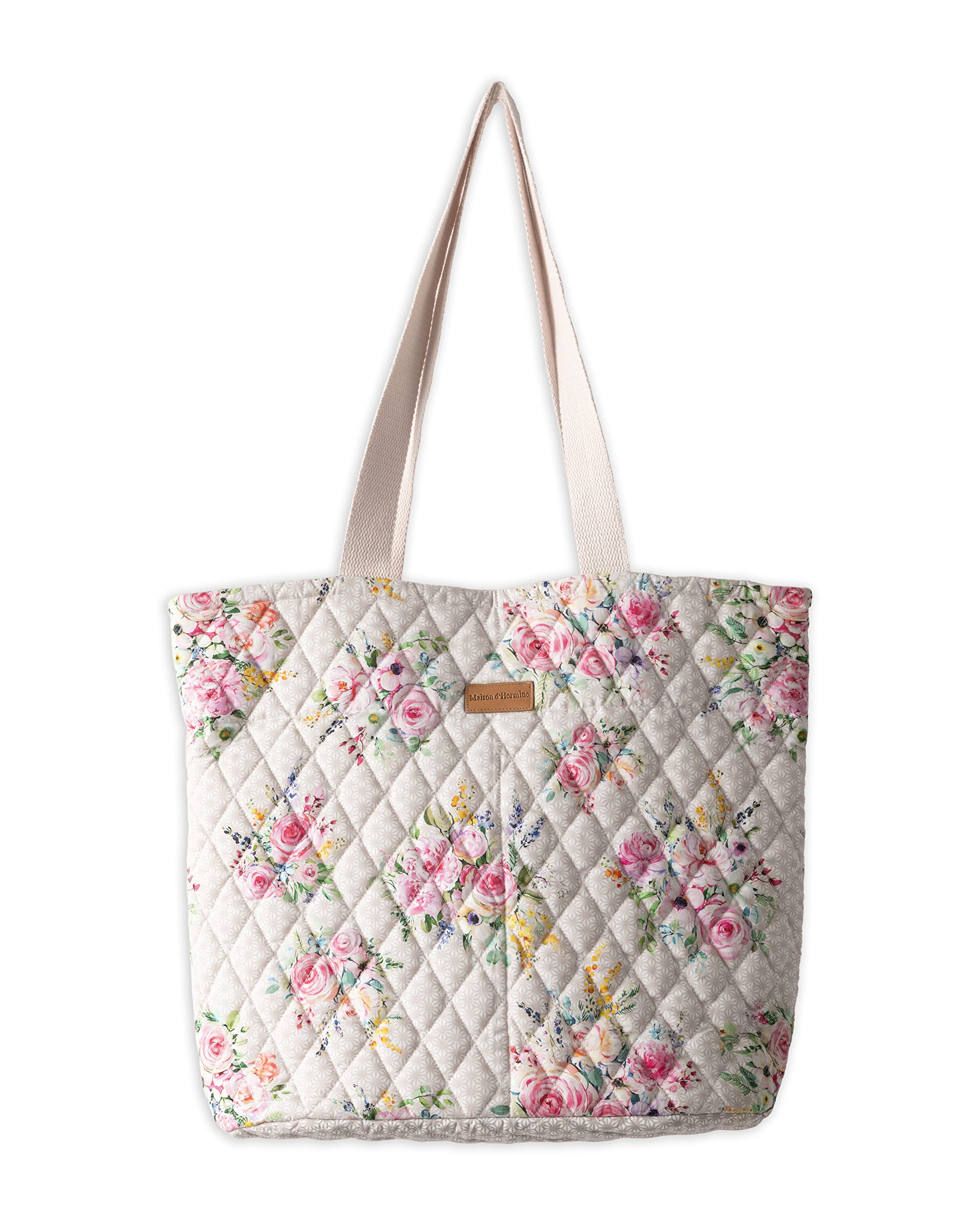 Maison d' Hermine Shopping Bag Cotton Quilted Tote Bag with Zipper Pockets & Small Pouch Shoulder Grocery Bag for Gifts Beach Travel Perfect for Men Women (Sweet Rose Lavender - Lush)