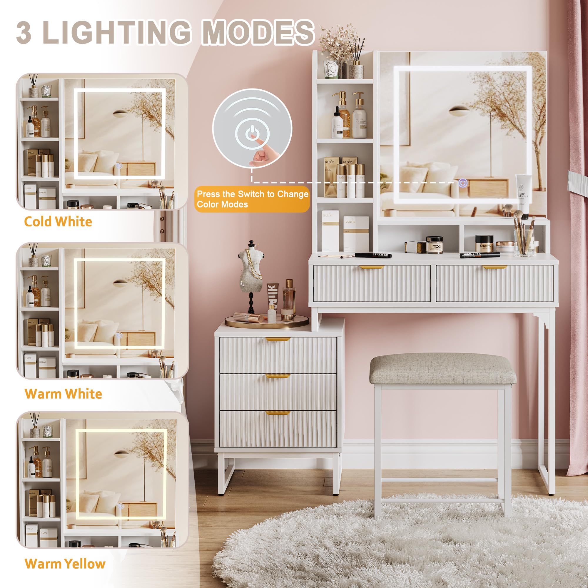 White Vanity Makeup Desk, Vanity Set with Mirror and 3-Mode Lights, 5 Drawers Vanity Table with Removable Side Storage Cabinet, Stool for Bedroom