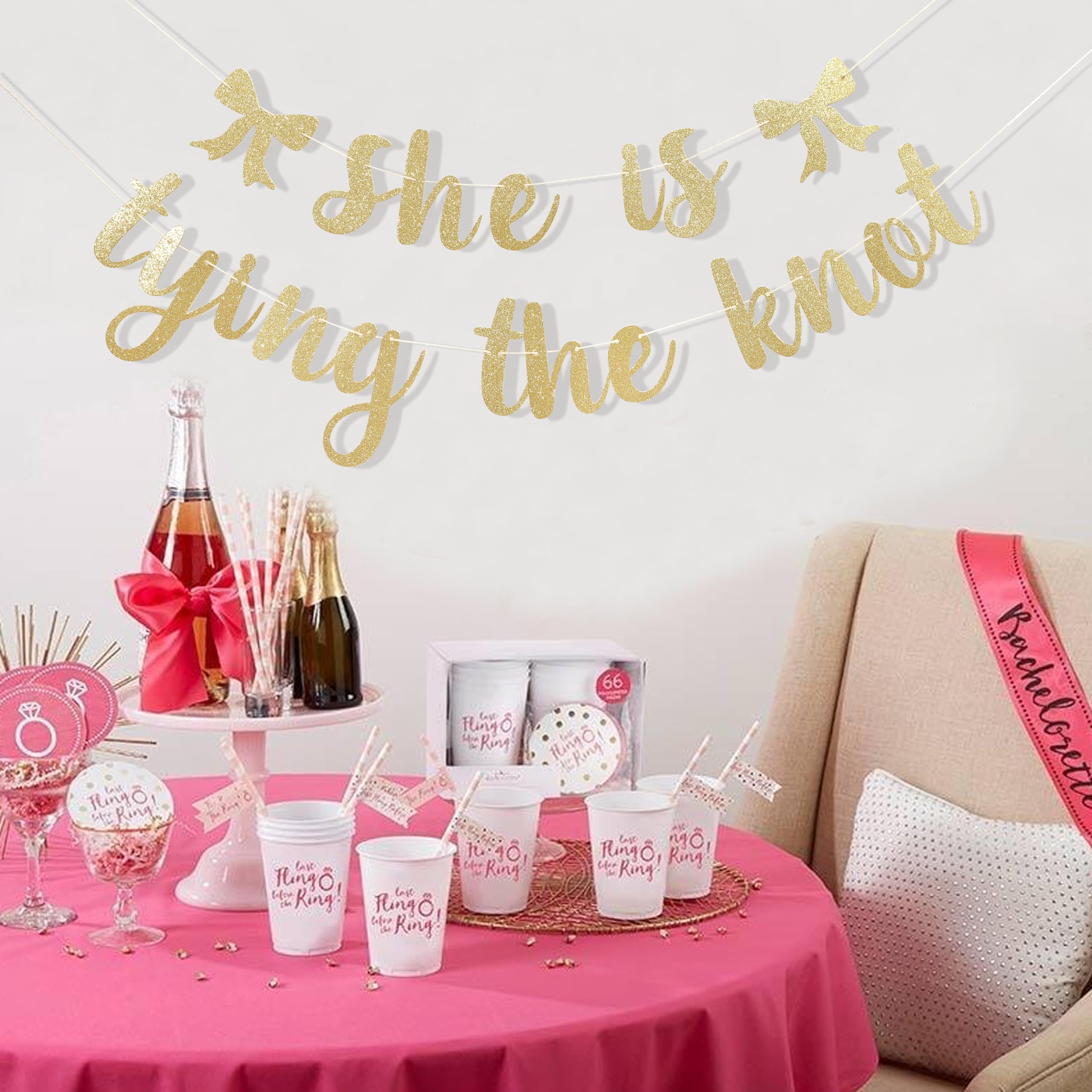 She is Tying The Knot Banner - Bridal Shower Banner Wedding Banner, Engagement Wedding Decorations, Wedding Theme Party Decoration Gold Glitter, Bridal Shower Photo Props