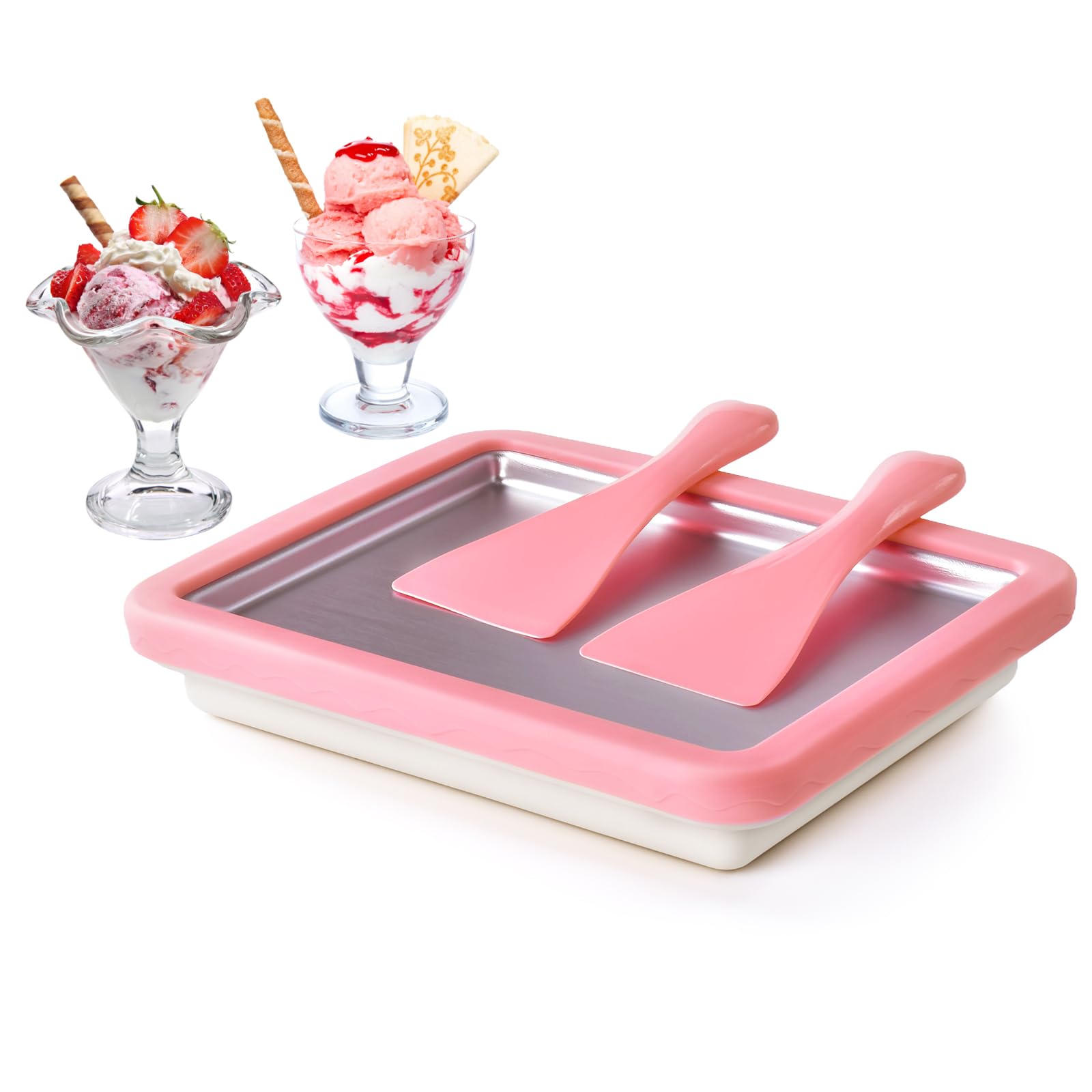 ROEDEER Rolled Ice Cream Maker, Ice Cream Roll Maker Plate with 2 Spatulas, Instant Rolled Ice Cream Machines for DIY Ice Cream, Includes Recipe Book, Fun Gifts for Kids, Color:Pink and White