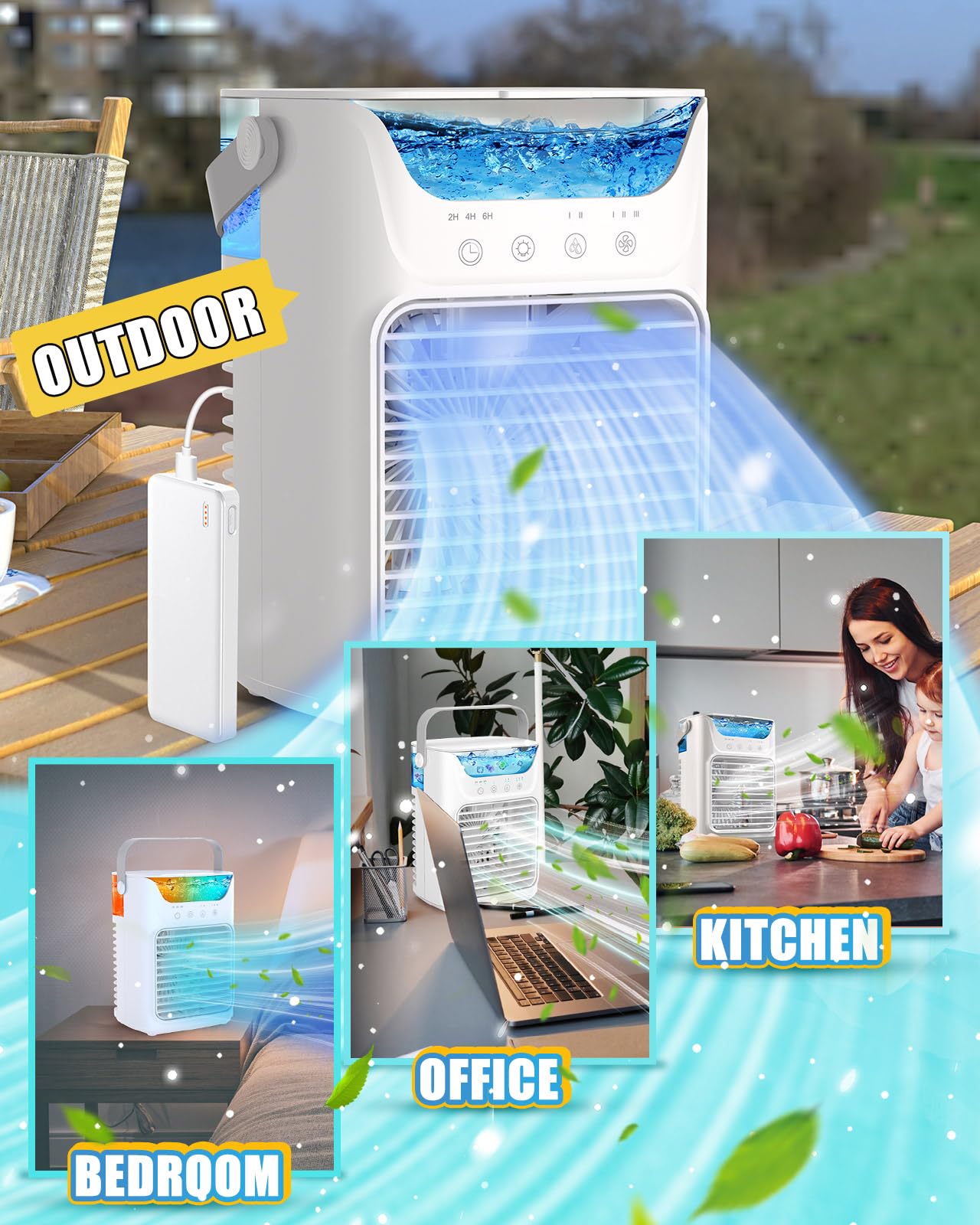 Portable Air Conditioners, Evaporative Personal Air Cooler, 3 in 1 Mini Desktop Spray Fan, 3 Speeds Air Cooler Humidifier with Controllable 7 Color Light for Home, Office, Desk