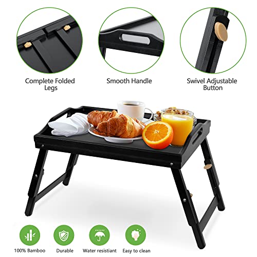 Mayyol Breakfast Bed Tray for Eating - Height Adjustable Raised Food Table - Bamboo Serving Tray on Lap Sofa - Portable Snack Platter with Folding Legs Ideal for Bedroom, Picnic - Black