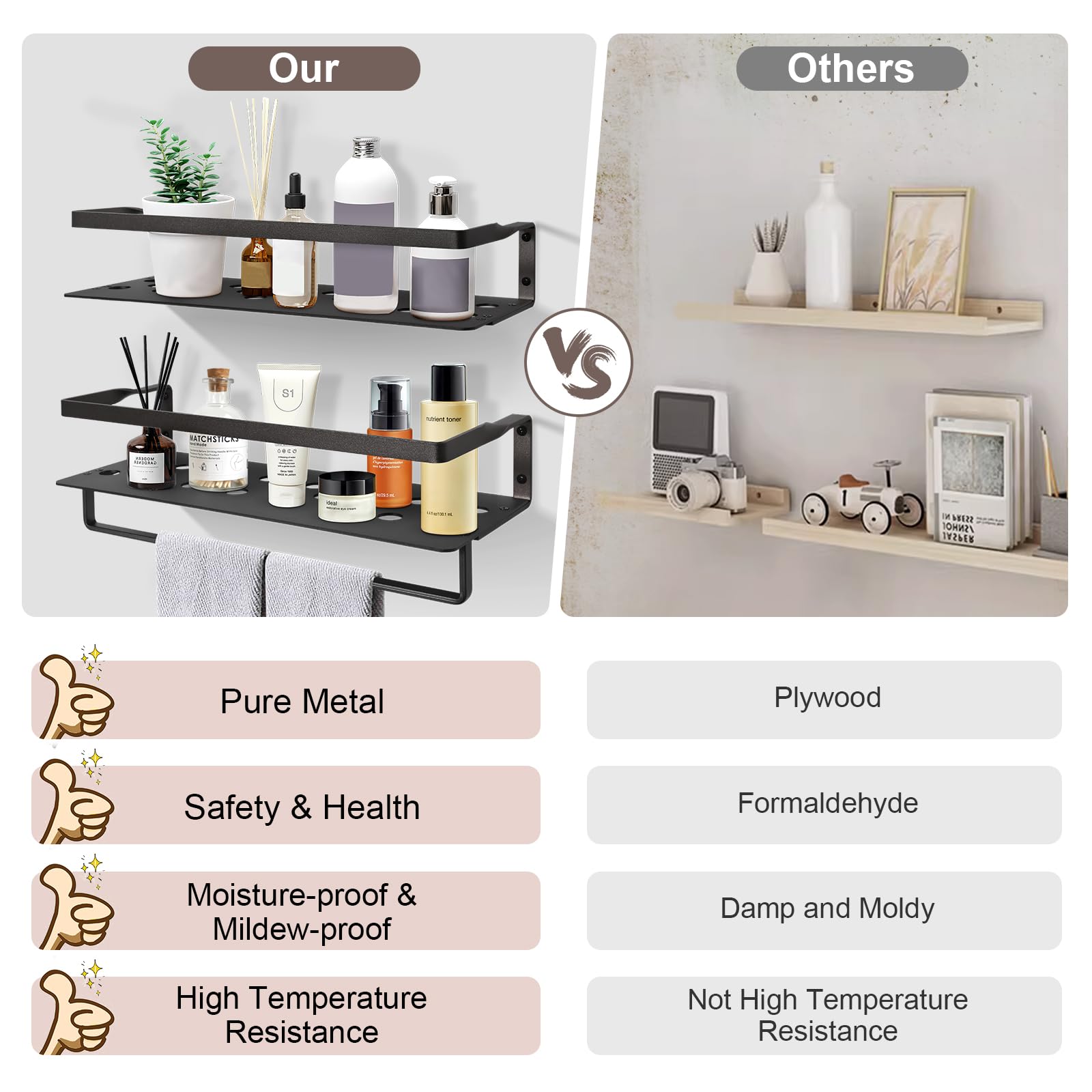 Uten Floating Shelves, Wall Mounted Updated Space Aluminum Shelves Set of 2, Bathroom Storage Shelves with Towel Rack, Wall Hanging Organizer Shelf for Bathroom, Kitchen