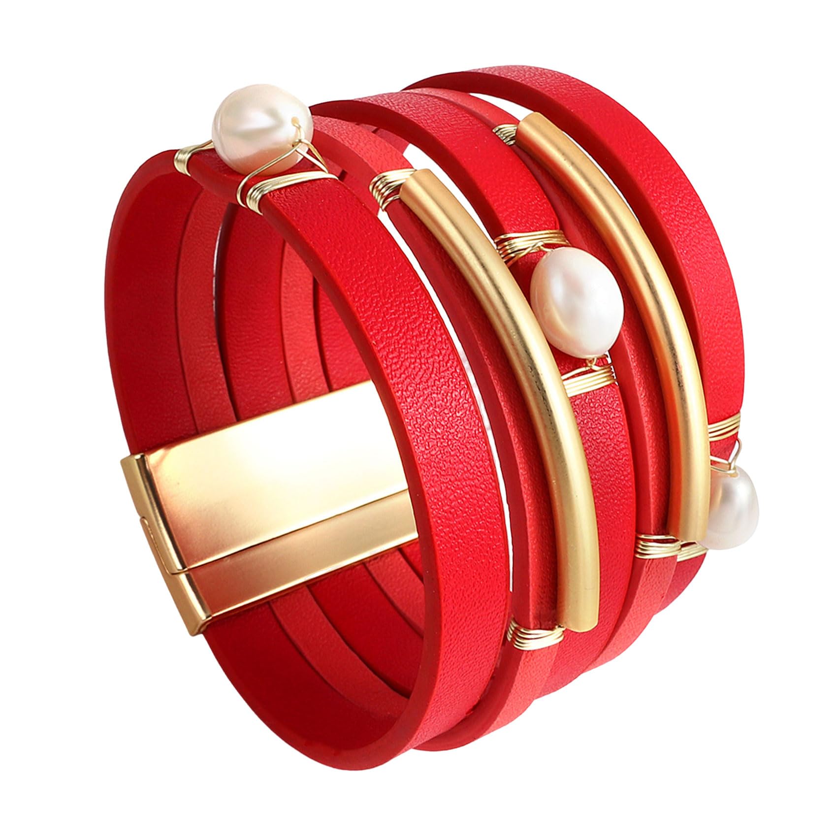hotoo Baroque Natural Pearls Bracelets Boho Red Leather Wrap Bracelets for Women Gold Tube Bohemian Multi-Layer Cuff Bracelet Bangle with Buckle Jewelry Gifts