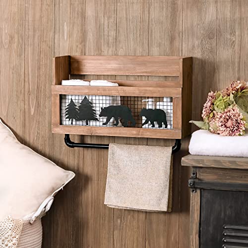 Synovana Cabin Style Hanging Towel Rack with Bar Farmhouse Wooden Floating Shelf Bear Wall Decor Rustic Wall Mounted Storage Towel Rack for Bathroom Kitchen Living Room Home Decor