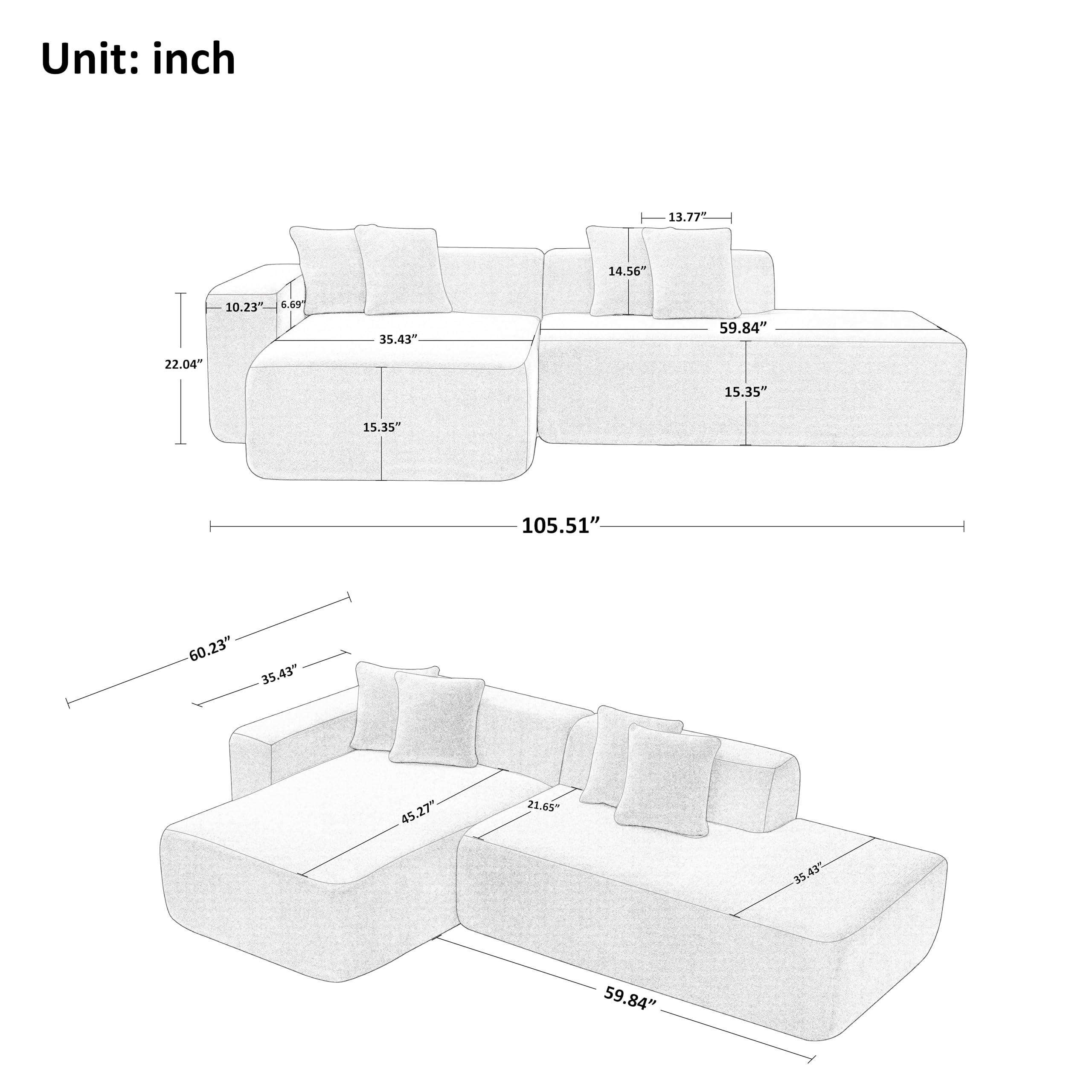 Tosaronia 105.5 X 60.2 Sectional Sofa L Shaped Couch with Sherpa Fabric,3 Seat Corner Sofa Couch,Modern Upholstered Couch with 4 Pillow Right Chaise Lounge for Living Room Apartment Office(Beige)