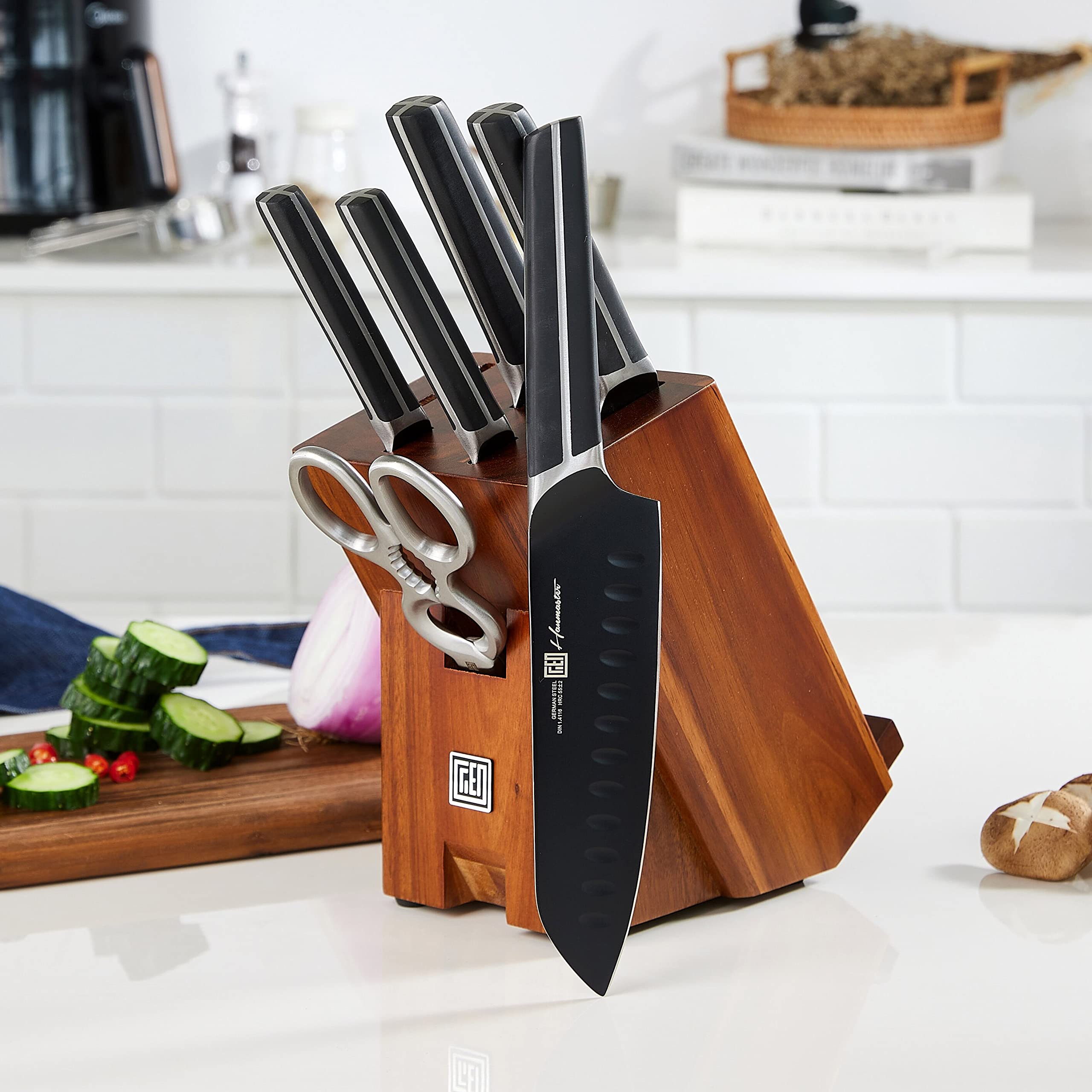 Kitchen Knife Set, Hanmaster 7 Pieces German Steel Knives Set for Kitchen with Acacia Wood Block, Kitchen Scissors, Gift Box Packed.