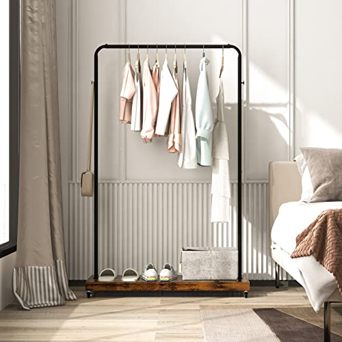 Tangkula Clothes Rack on Wheels, Industrial Pipe Style Rolling Garment Rack with Bottom Storage Shelf & 5 Hanging Hooks, Clothes Organizer with Sturdy Metal Frame for Bedroom Laundry Room
