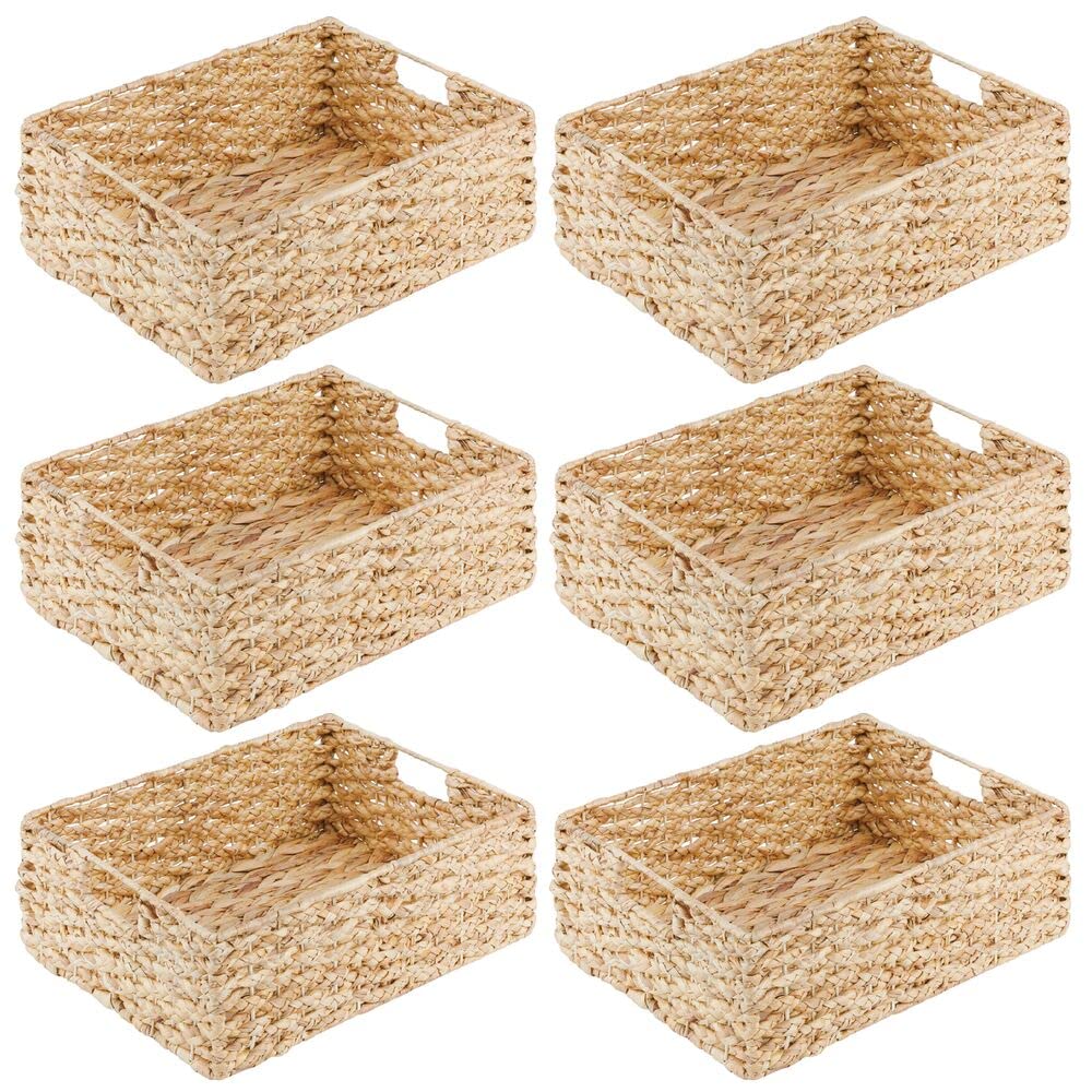 mDesign Hyacinth Braided Woven Kitchen Basket Bin with Built-in Handles for Organizing Kitchen Pantry, Cabinet, Cupboard, Countertop, Shelves - Holds Food, Drinks, Snacks - 6 Pack - Natural/Tan