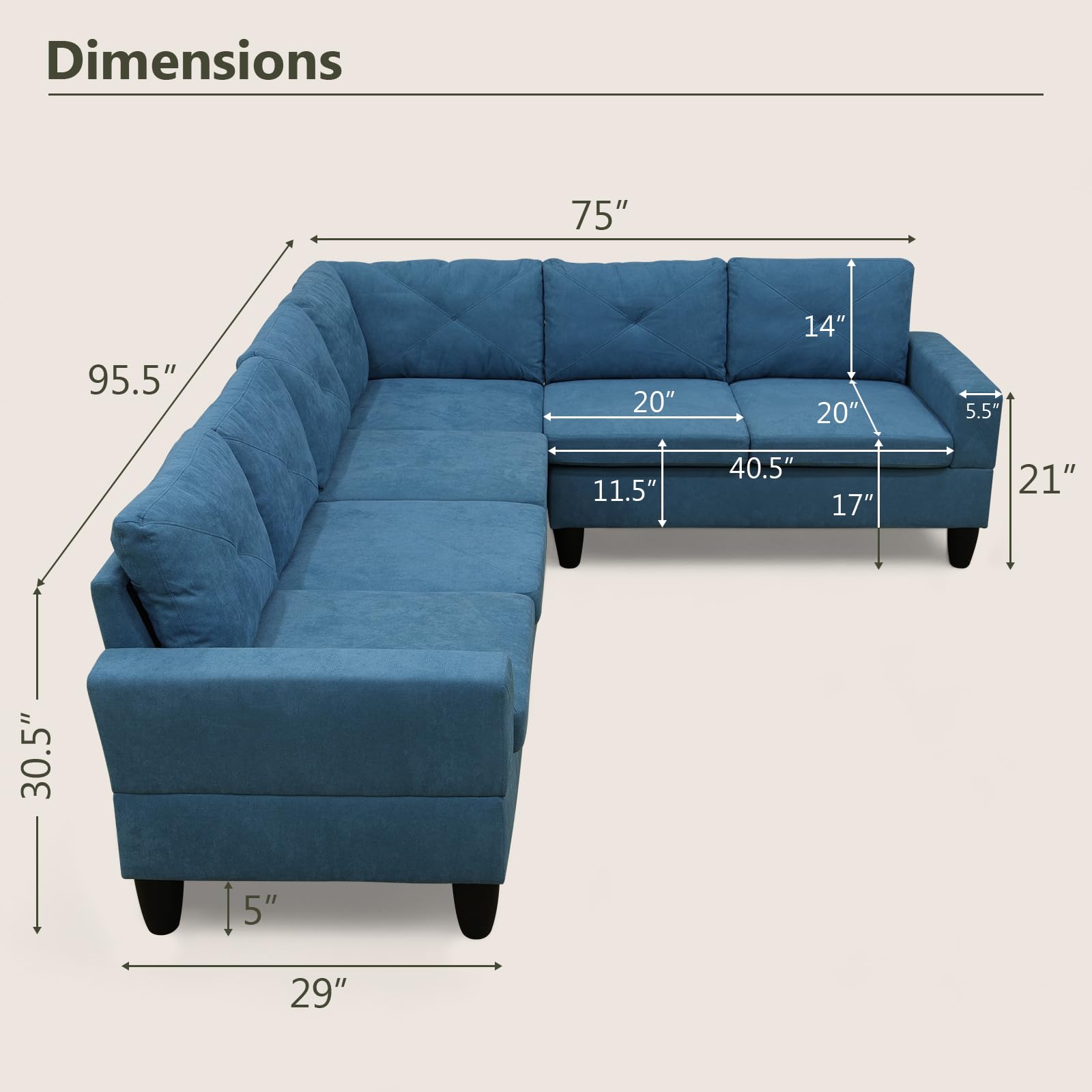 Rovibek L Shaped Sectional Sofa Couch U Shaped Couches for Living Room 6-Seater Corner Sofa Furniture Sets, Blue