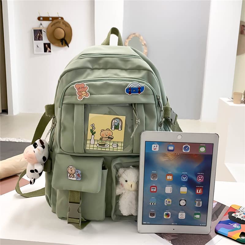 vfdgsaz Kawaii Backpack with Pin and Pendant,Cute Aesthetic Backpack ,Outdoor Sports Leisure Bag for Girls and Boys (green,one size)
