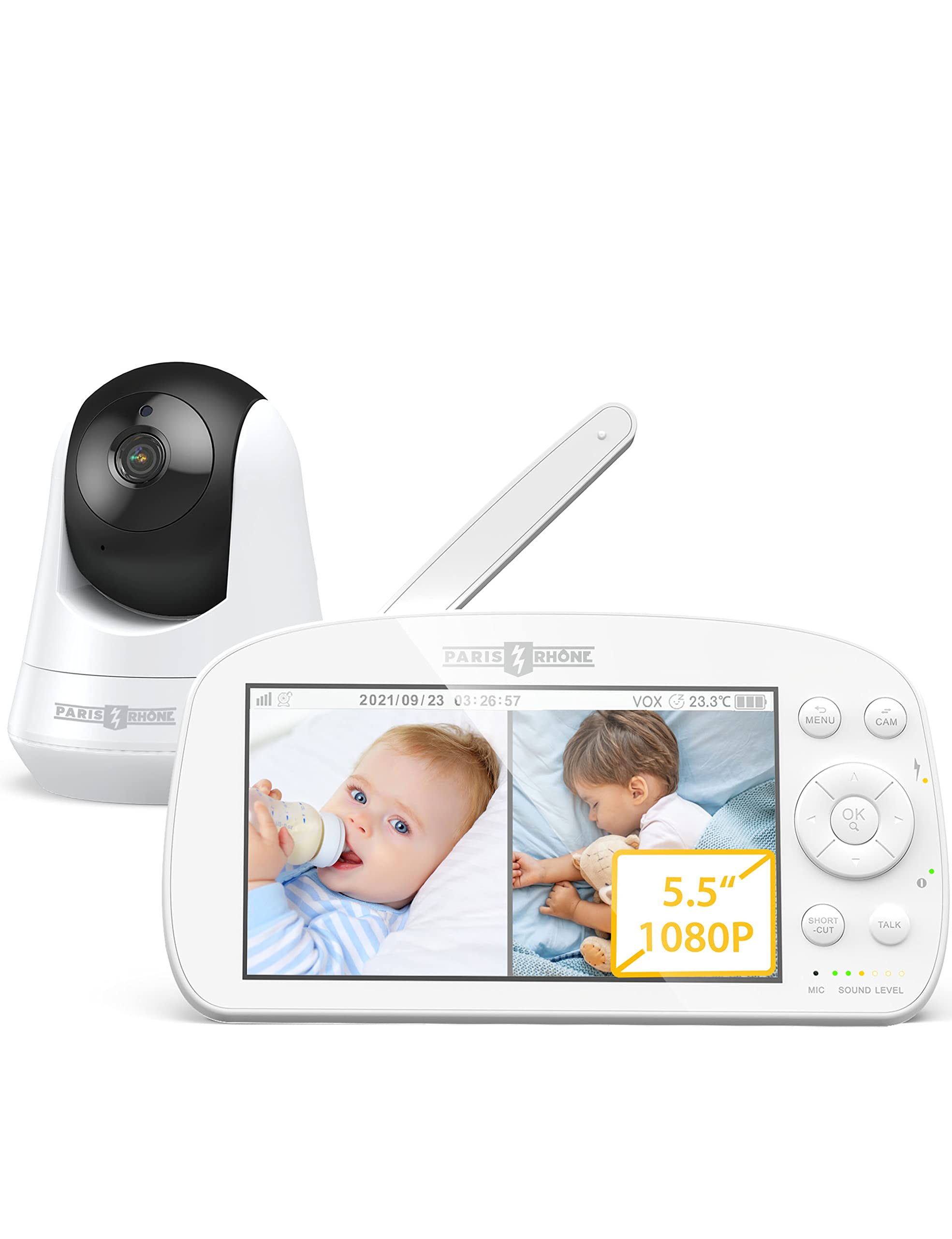 PARIS RHÔNE Baby Monitor, 5.5" 1080P Split Screen Baby Video, 2-Way Talk, 1000ft Range, 5000mAh Battery, HD Night Vision, Pan Tilt Zoom, VOX Mode, Temperature Sensor, White (PE-IH004)