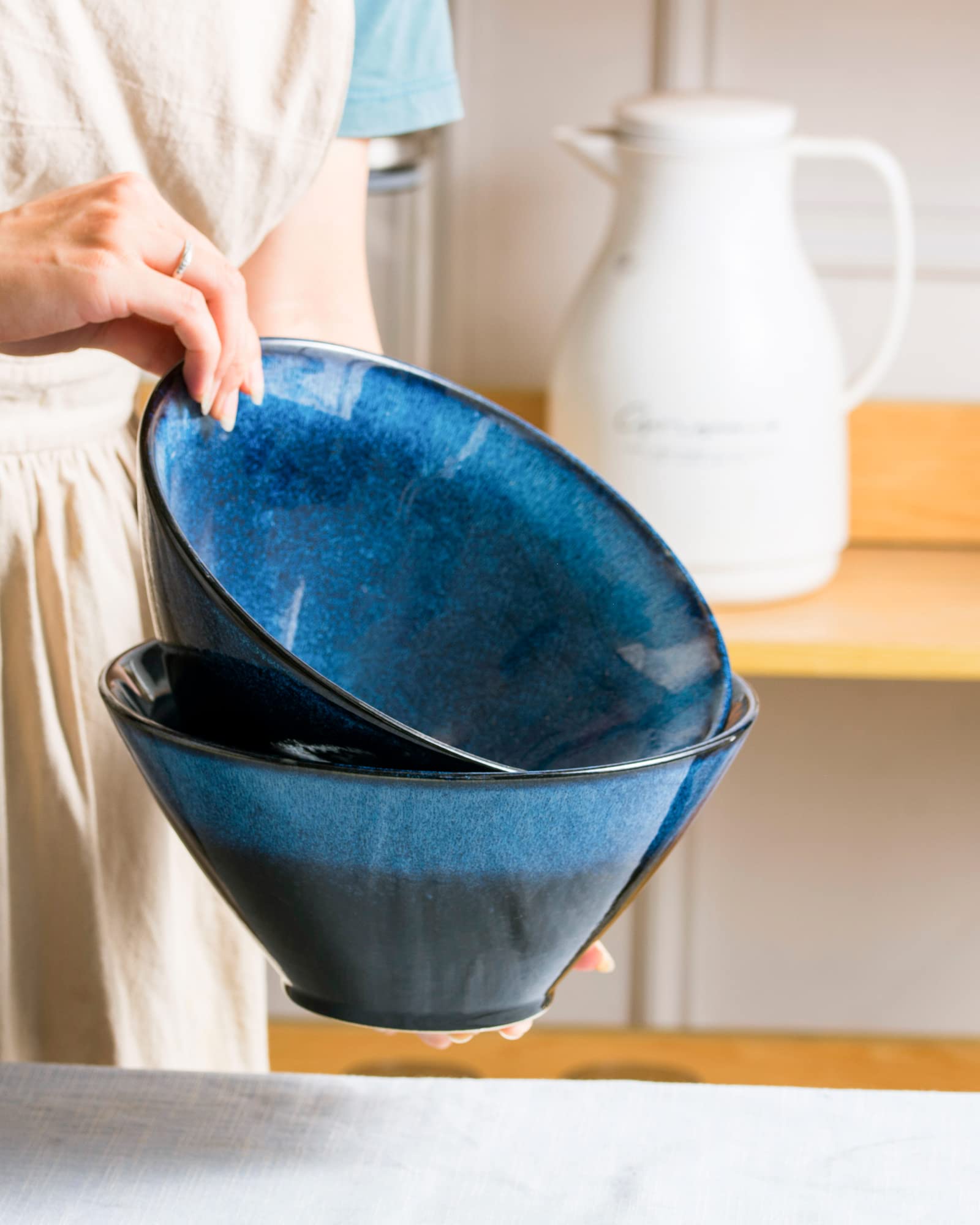 Large Salad Soup Ramen Serving Bowls, 71 OZ Ceramic Japanese Ramen Noodle Bowl with Chopsticks, Spoons and Rests - Super Big Bowl Sets for Udon, Pho, Pasta, Cereal, Set of 2 - Reactive Blue