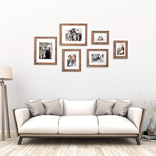 SYNTRIFIC 8x10 Picture Frame Set of 6, Rustic Farmhouse Wood Picture Frames 5x7 with Mat or 8x10 Without Mat,Tabletop Display and Wall Mounting for Home Collage Brown Photo Frame for Gift,Walnut