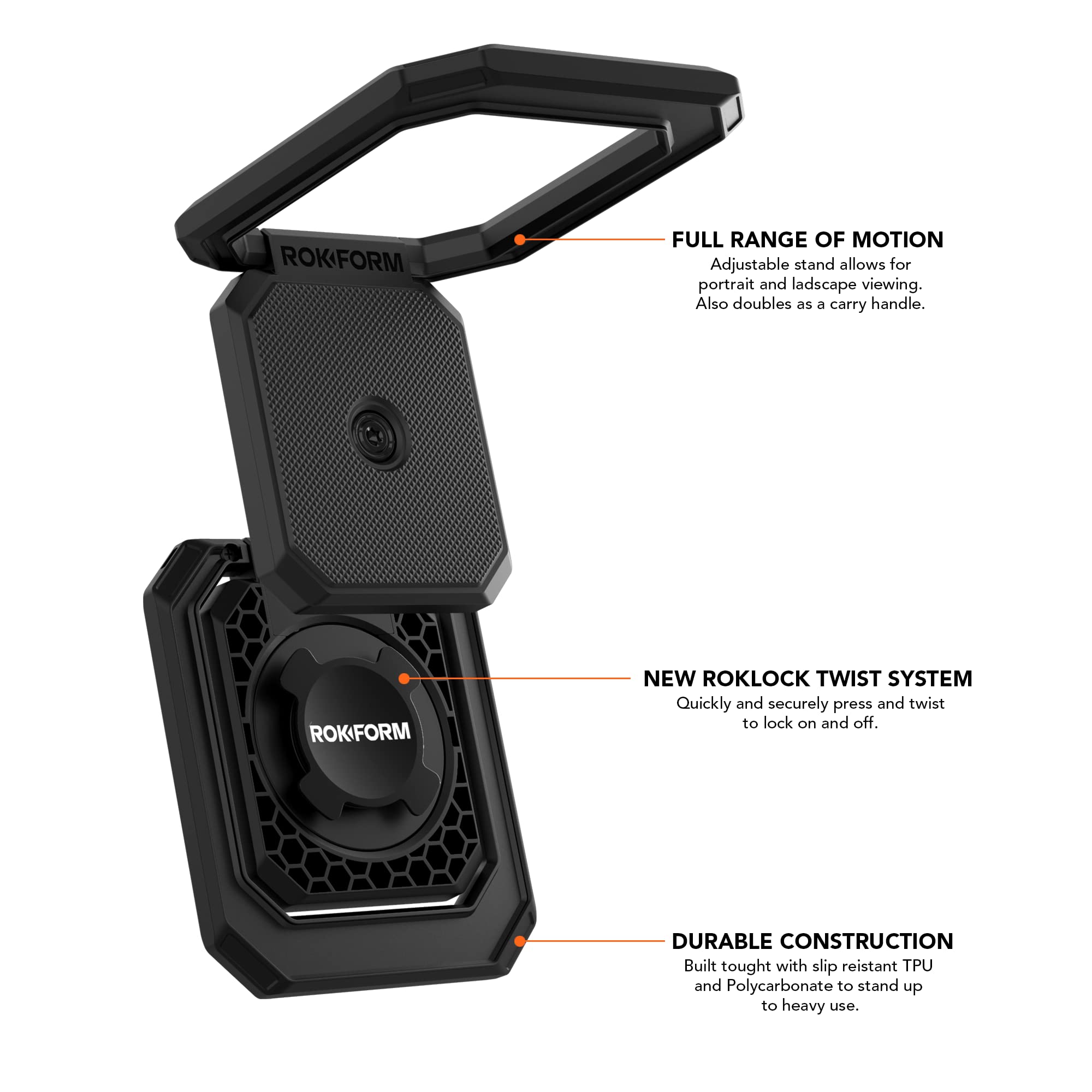 Rokform - iPad Kickstand Grip, Adjustable for Portrait and Landscape Mode, Folds Flat, Doubles as Handle, Compatible with The Rugged iPad Case (Black)
