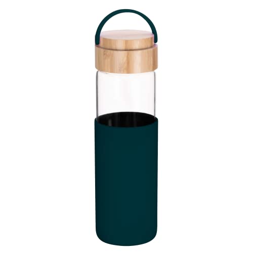 tanjoon 20 oz Borosilicate Glass Water Bottle with Leak-Proof Bamboo Lid and Silicone Handle and Protective Sleeve (TEAL) - BPA Free - Easy to Carry - Dishwasher Safe