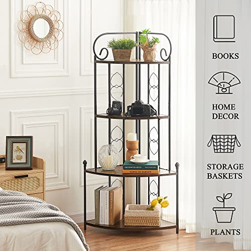 VECELO 4-Tier Ladder Corner Shelf with Metal Frame, Multipurpose Bookshelf Bookcase, Plant Stand & Storage Display Shelves for Living Room, Bedroom, Office, Rustic Brown