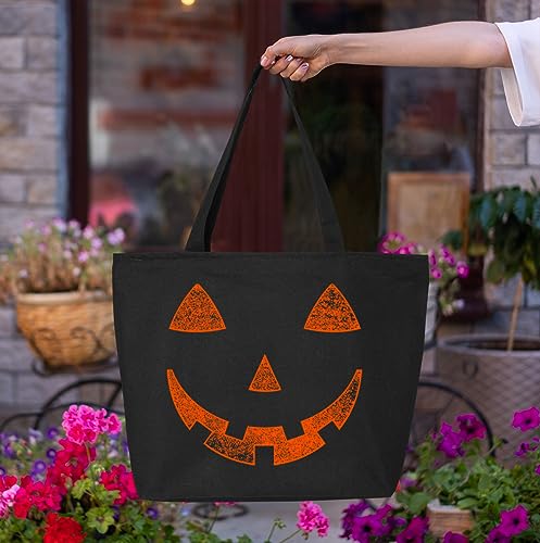 shop4ever Orange Jack O' Lantern Pumpkin Face Halloween Trick or Treat Heavy Canvas Tote with Zipper Reusable Shopping Bag Black ZIP 1