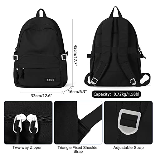 WEPOET Waterproof Simple Black Backpack For School,Lightweight Middle School Bookbag For Women Men,Aesthetic College Backpack,Casual Daypack Teens Girls Boys
