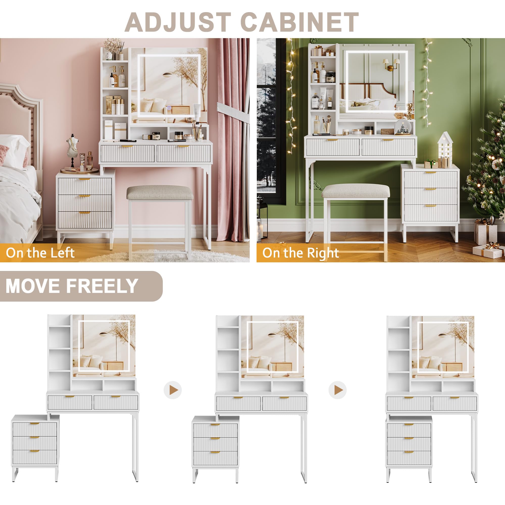 White Vanity Makeup Desk, Vanity Set with Mirror and 3-Mode Lights, 5 Drawers Vanity Table with Removable Side Storage Cabinet, Stool for Bedroom