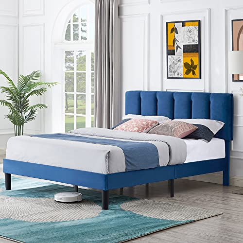 VECELO Full Size Bed Frame, Upholstered Platform Bedframe, Adjustable Headboard, Wood Slat Support, No Box Spring Needed, Easy Assembly, Blue