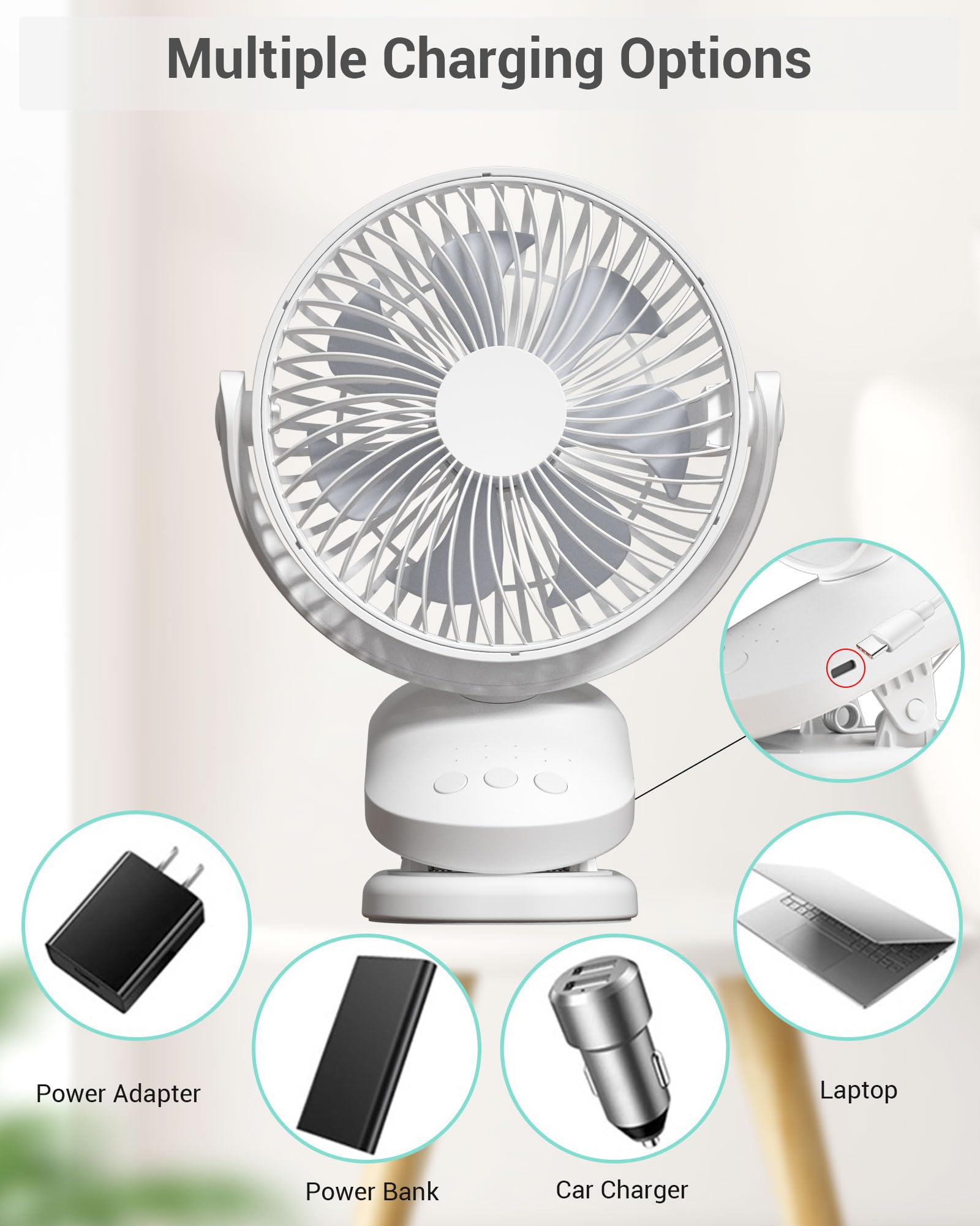 Portable Clip on Fan, Oscillating & 120° Rotate Battery Operated Stroller Fan, 4 Speed Quiet Mini Personal Desk Fan, USB Rechargeable Fan for Outdoor Camping Golf Cart Stroller Home Office White