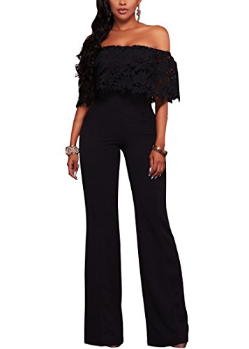 Halfword Womens Off Shoulder Elegant Long Pants Wide Leg Jumpsuits Rompers M Black