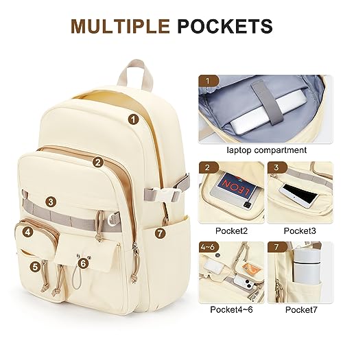 weradar Lightweight Backpack For School Teens Girls,Cute 15.6 Inch Laptop Bookbag,Water Resistant College Backpack For Women,Middle School Bag Casual Travel Daypacks(beige)