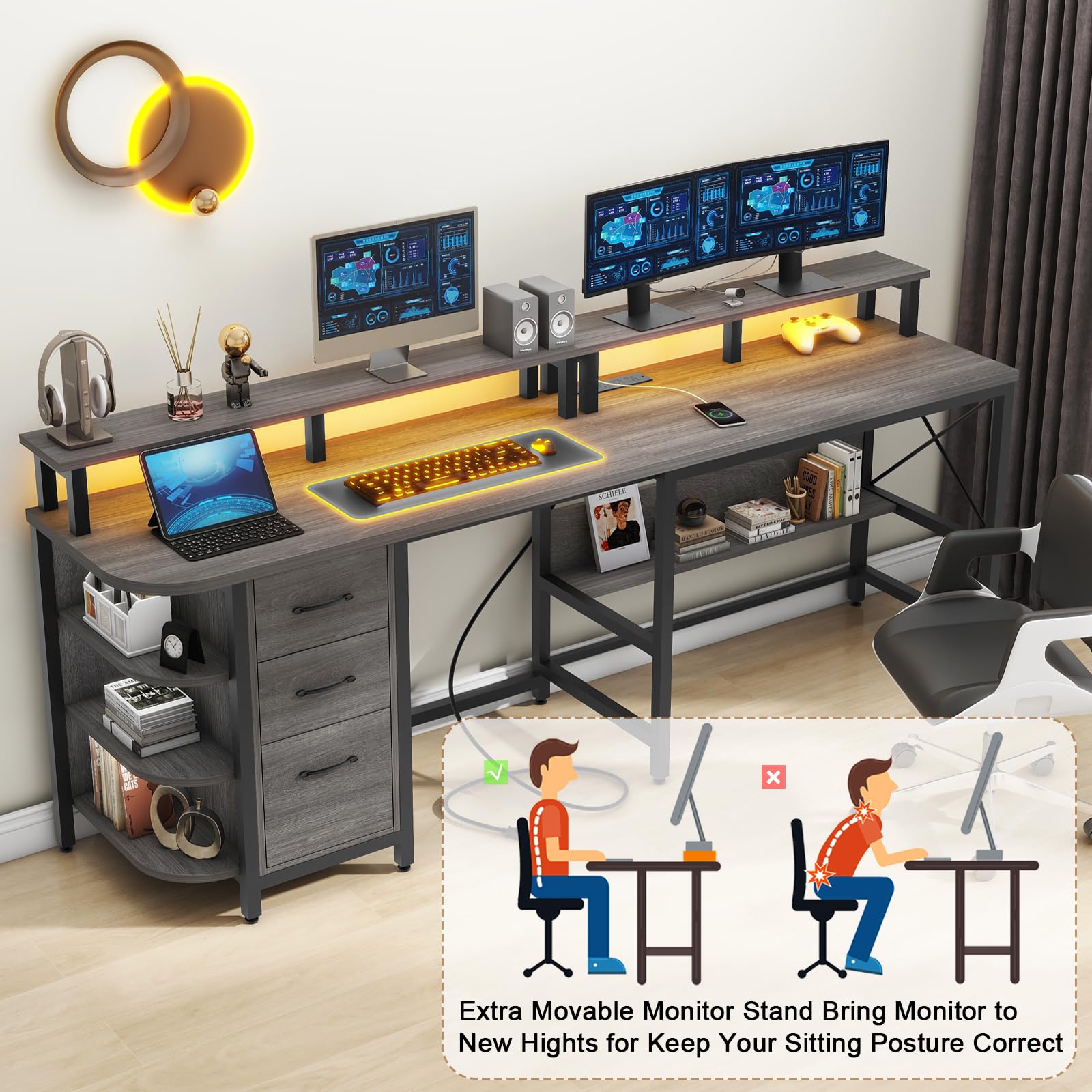 Vabches 67" L Shaped Computer Desk with LED Lights and Power Outlets, Reversible L Shaped Gaming Desk with 3 Drawers Hutch Monitor Stand, Home Office Desk with USB Port