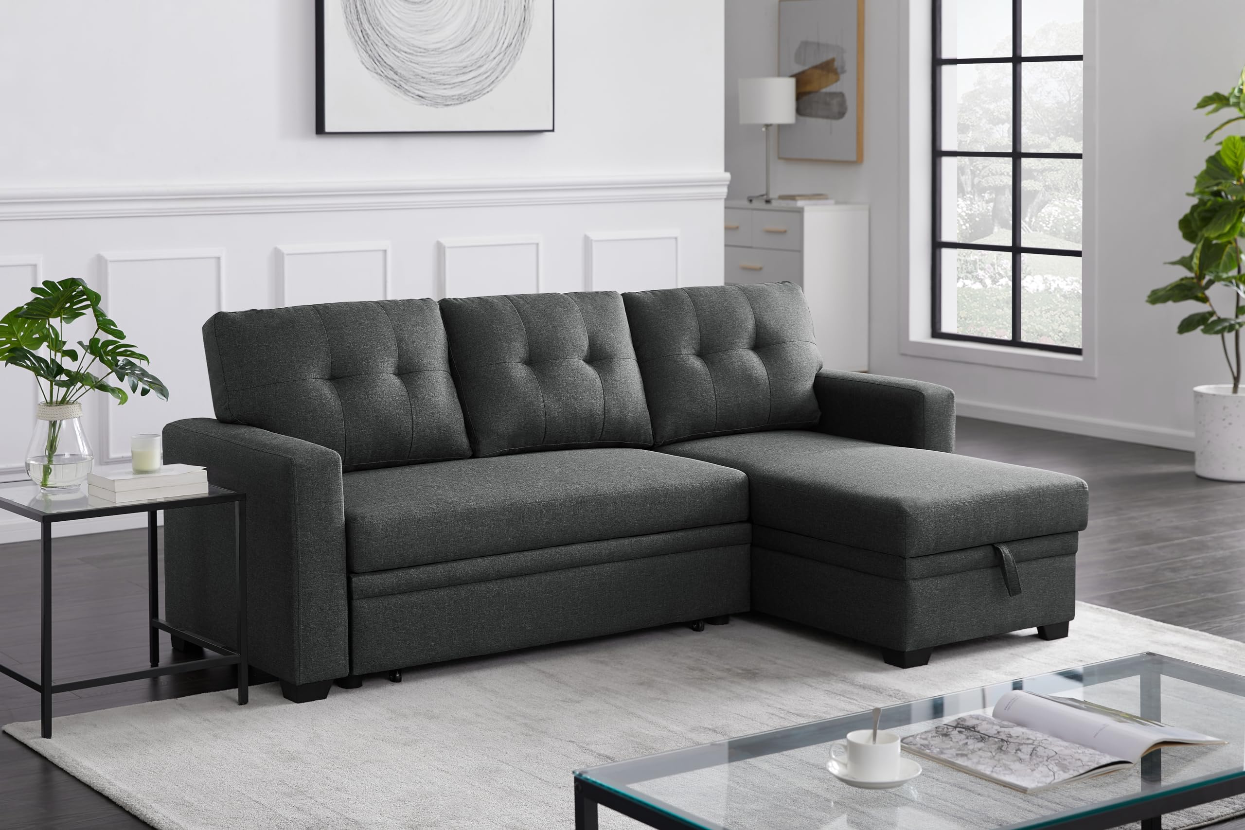 TABBC Sectional Sofa with Tufted Seat & Back Cushion,Solid Wood Frame Dsign, Linen Reversible Sleeper w/Storage Chaise and Pull-Out Sleeper for Home, Small Space Apartment