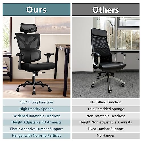 Winrise Office Chair Ergonomic Desk Chair, High Back Gaming Chair, Big and Tall Reclining Chair Comfy Home Office Desk Chair Lumbar Support Breathable Mesh Computer Chair Adjustable Armrests (Black)