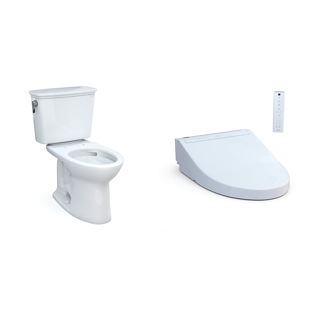 TOTO Drake Transitional Elongated 1.28 GPF Toilet Bundle with WASHLET C5 Bidet Toilet Seat Cotton White