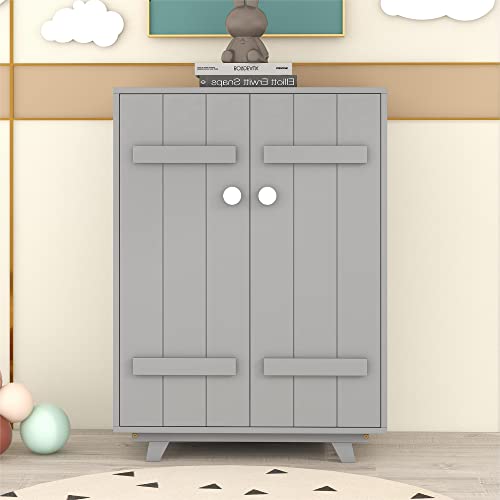 SOFTSEA Kids Wardrobe with Hanging Rod, Wooden Wardrobe Closet with 2 Doors, Freestanding Wardrobe Cabinet, Clothes Hanging Storage Rack for Boys Girls (Gray)