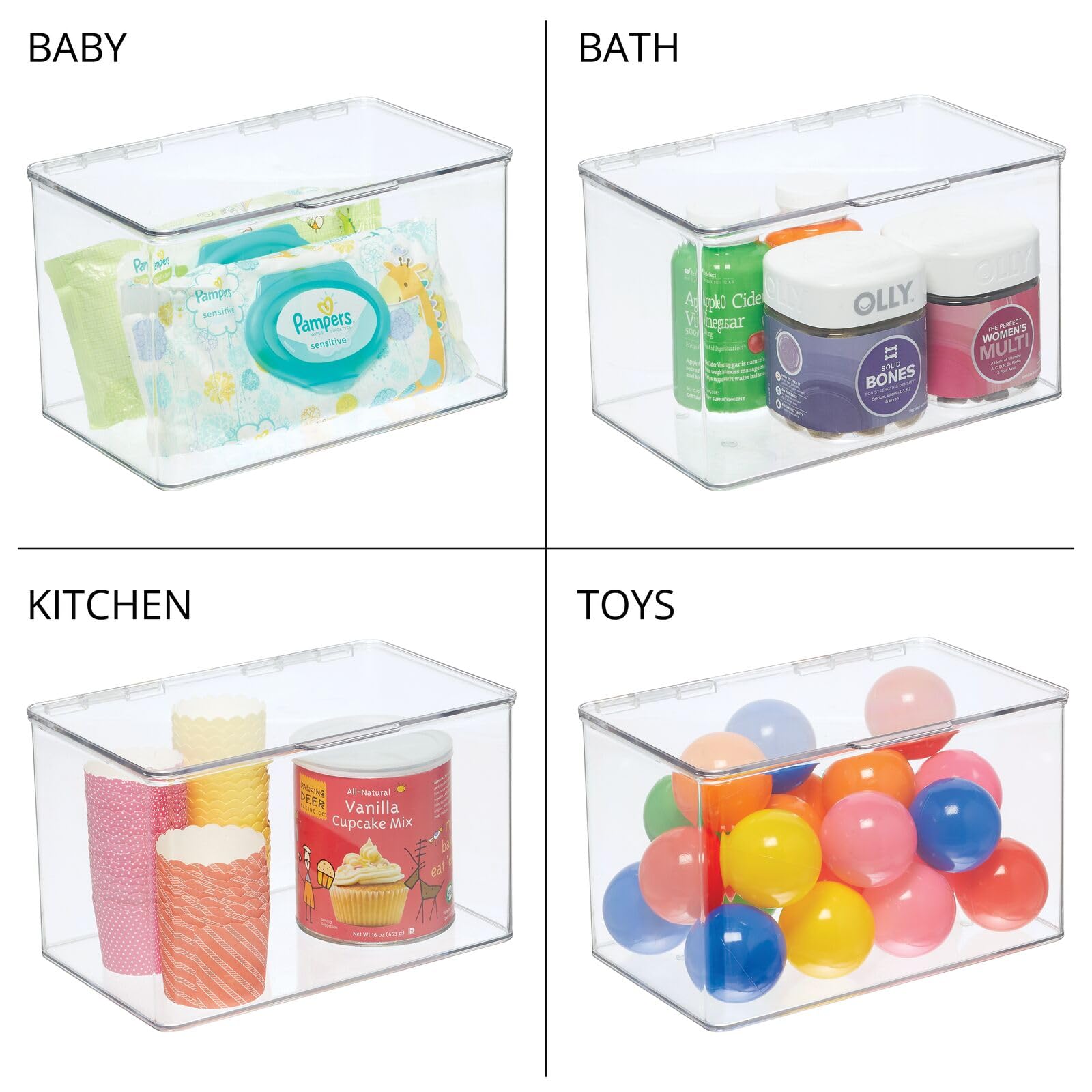 mDesign Plastic Kitchen Pantry and Fridge Storage Organizer Box Containers with Hinged Lid for Shelves or Cabinets, Holds Food, Snacks, Canned Drinks, Seasoning, Lumiere Collection, 2 Pack, Clear